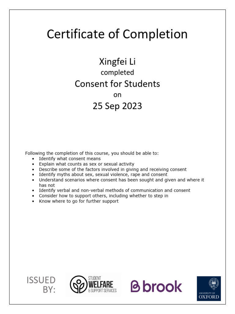 Consent Education Course Completion | PDF