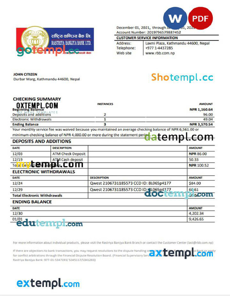 Doctempl - Nepal Rastriya Banijya Bank Statement Template Word PDF | PDF