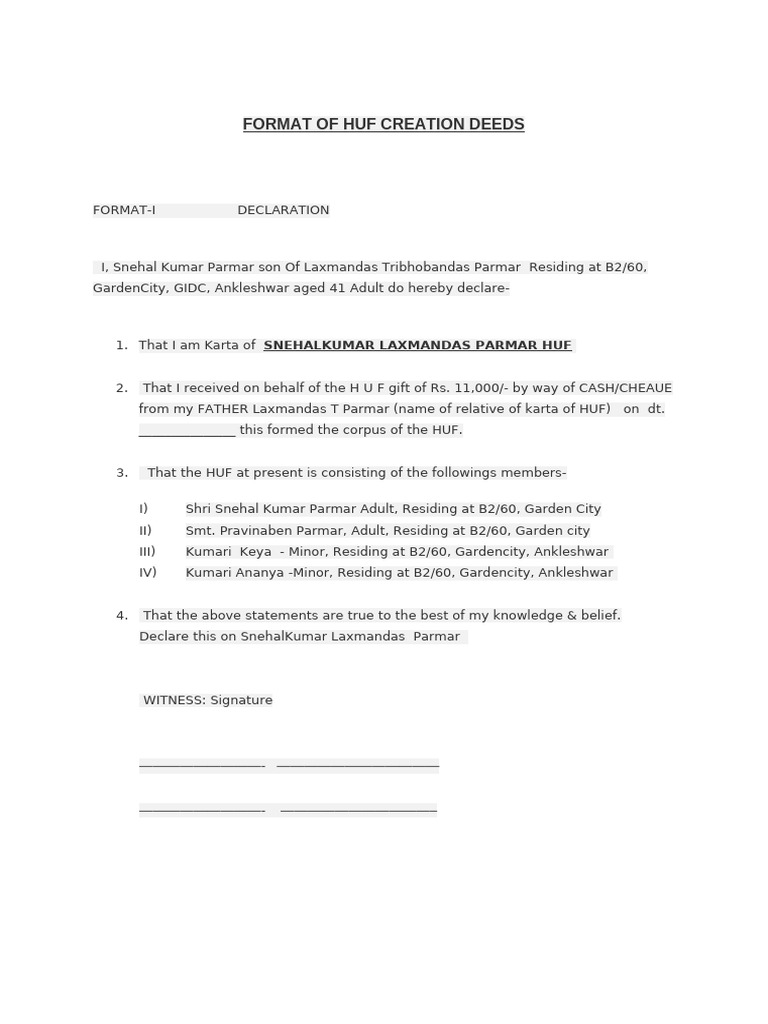 Format of Huf Creation Deeds Format | PDF