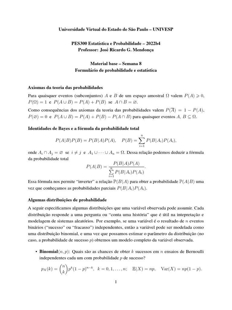 Semana 8 - Material - Base - Formulario - de - Probabilidade - Estatística - JRGMendonca | PDF ...