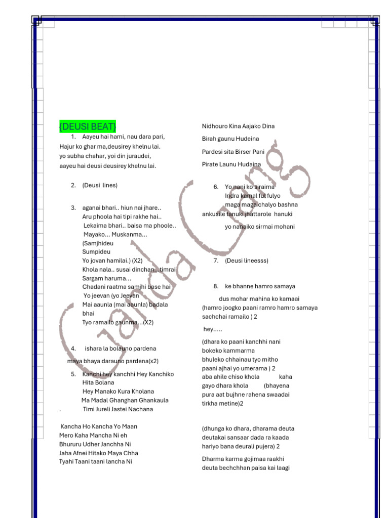 Deusi Festival Song Lyrics Compilation | PDF