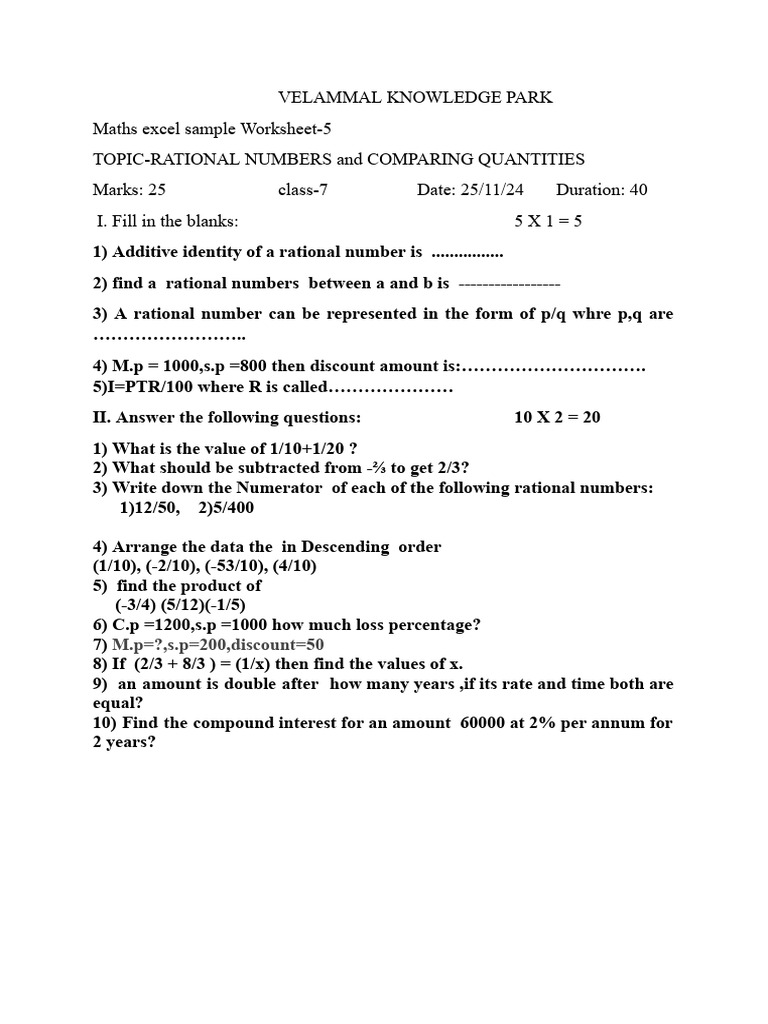 Class 7 Excel Worksheet Day 5 | PDF
