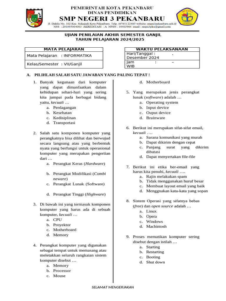 Soal Pas Ganjil Mapel Informatika Kelas 8 TP 2024/2025 | PDF
