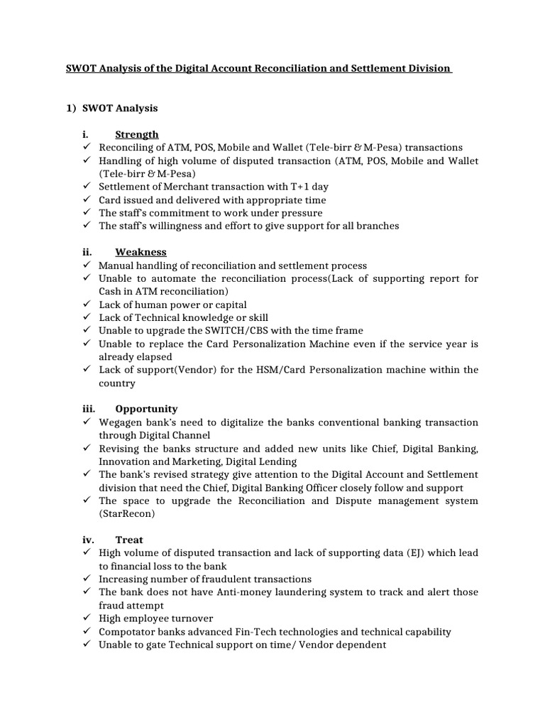 SWOT Analysis of The Digital Account Reconciliation and Settlement | PDF