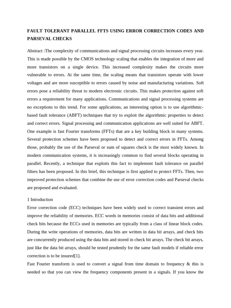 Fault Tolerant Parallel FFTs Using Error Correction Codes and Parseval Checks | PDF | Discrete ...
