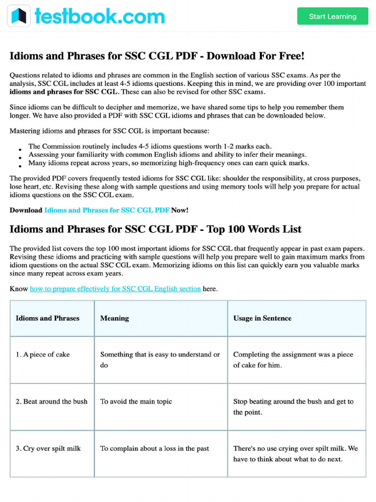 Idioms and Phrases For SSC CGL PDF - Download For Free! | PDF
