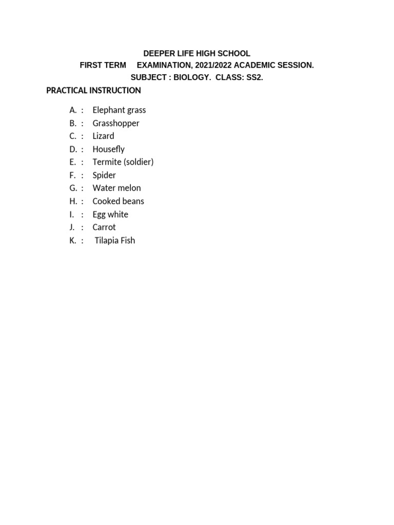 SS2 Biology Practical Exam 2021/22 | PDF