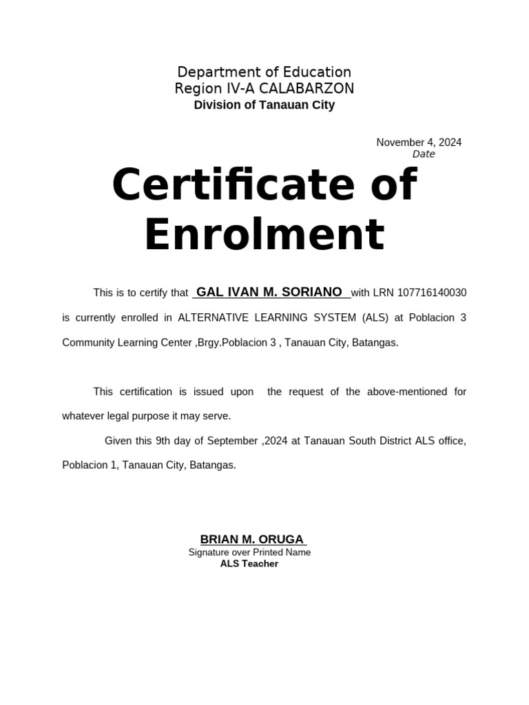 ALS ENrolment Cert (AutoRecovered) | PDF | Philippines
