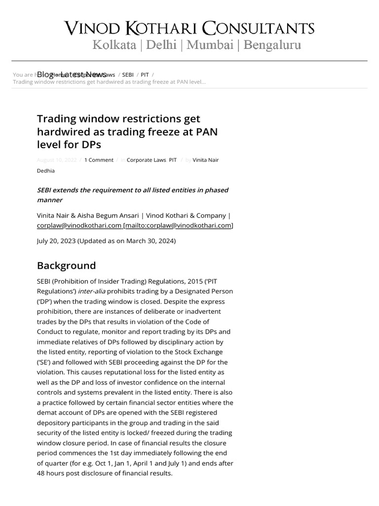 Trading Window Restrictions - PAN Freeze | PDF | Stocks | Justice