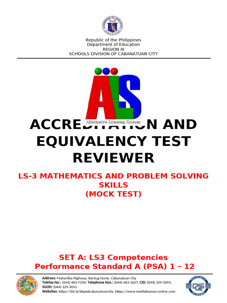 ALS A - E Reviewer Mock Test LS3 Mathematics and Problem SOlving Skills ...