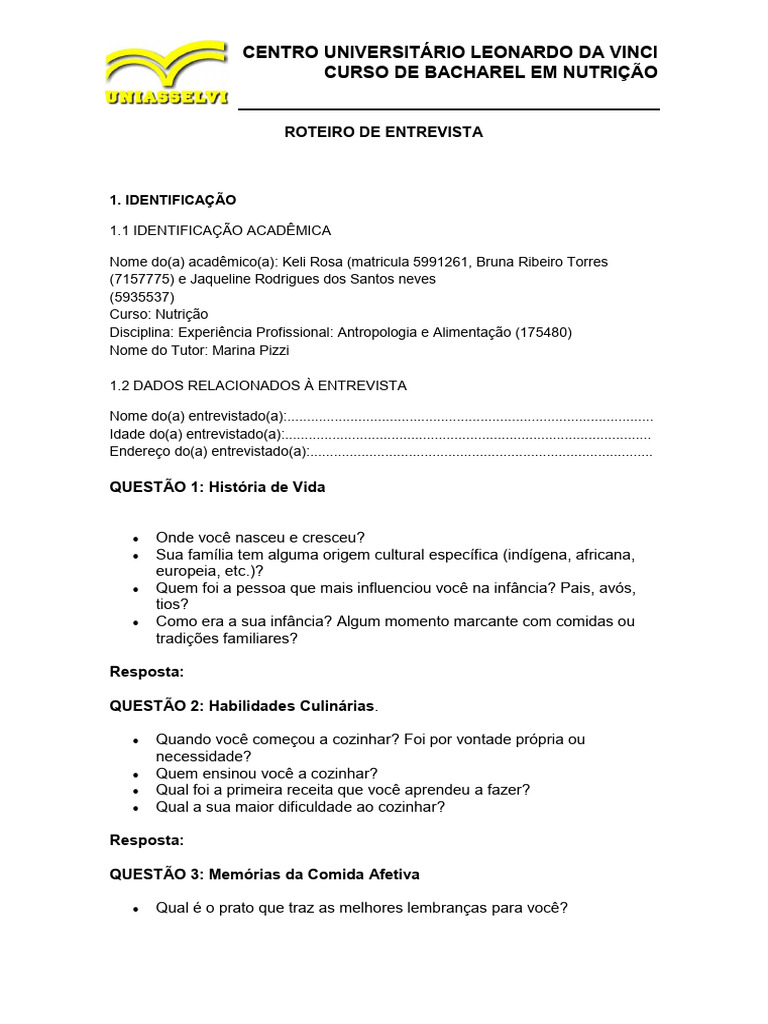 Roteiro de Entrevista Final | PDF | Família