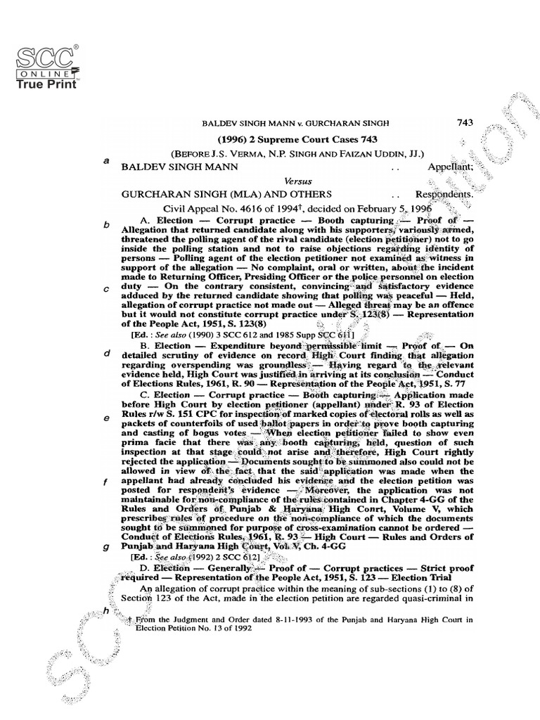 Baldev Singh Mann v. Gurcharan Singh, (1996) 2 SCC 743 | PDF | National Supreme Courts | Supreme ...
