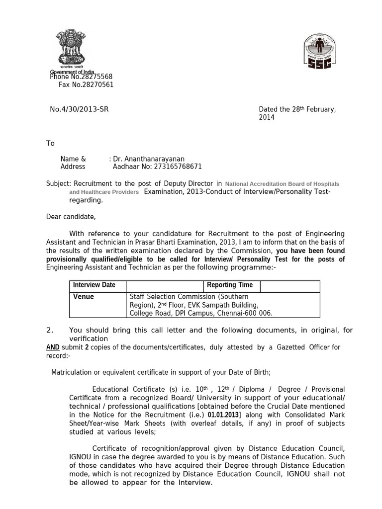 Prasar Bharti 2013 Interview Specimen Call Letter | PDF