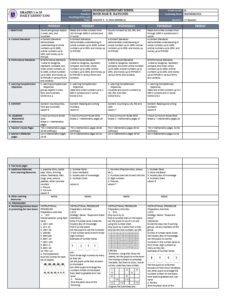 DLL - Mathematics 2 - Q1 - W2 | PDF | Curriculum | Natural Number