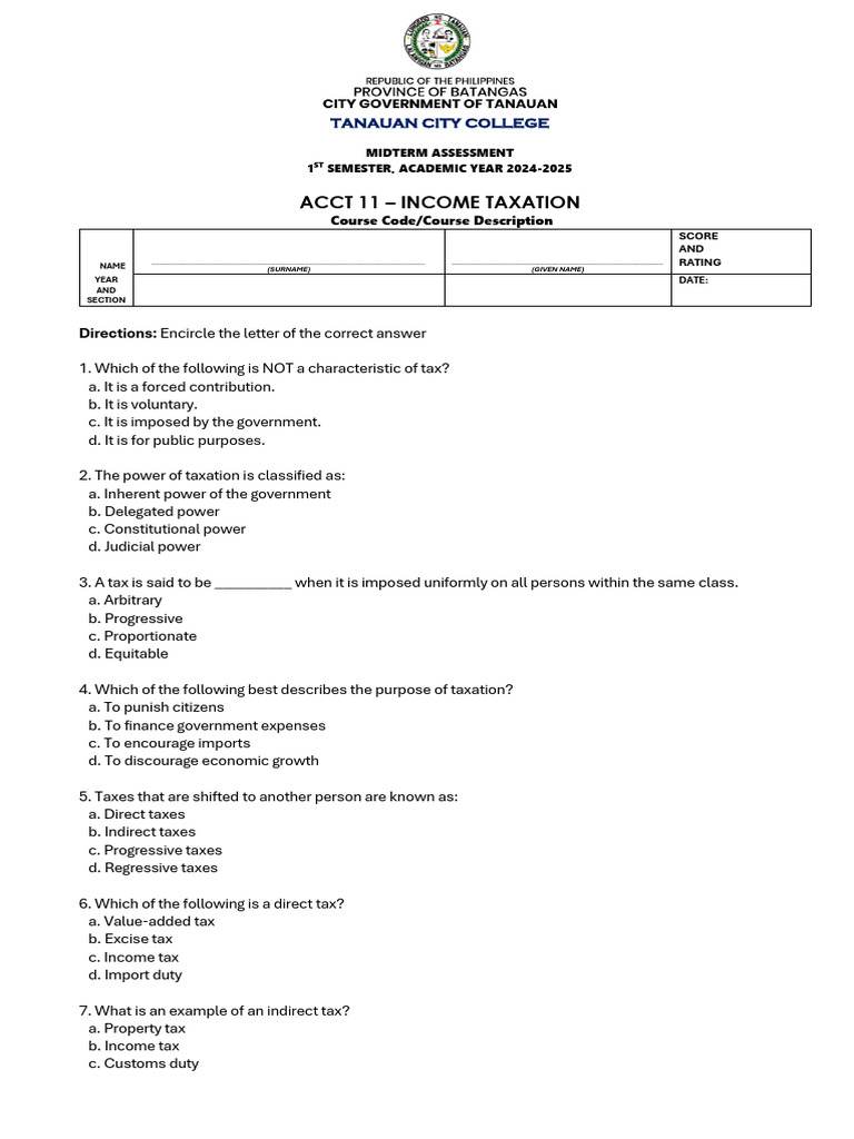 Income Taxation Midterm Assessment 2024 | PDF | Taxes | Income Tax