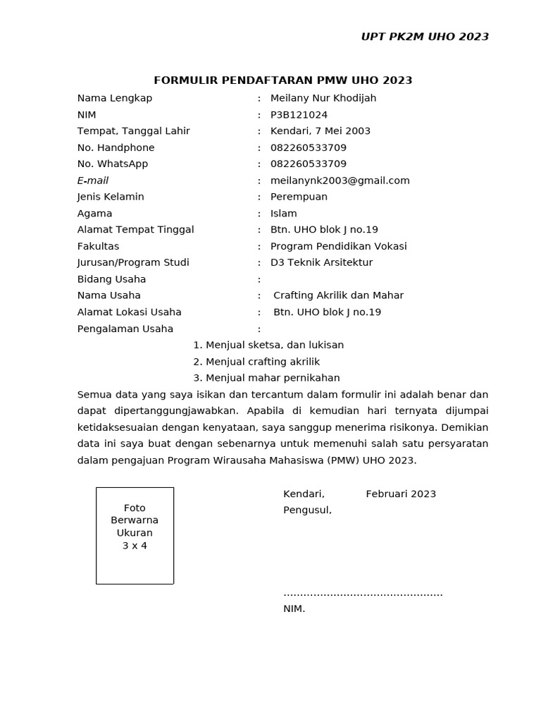 Formulir Pendaftaran PMW Uho 2023 | PDF