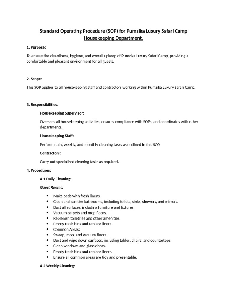 Standard Operating Procedure Housekeeping | PDF | Housekeeping | Cleaning