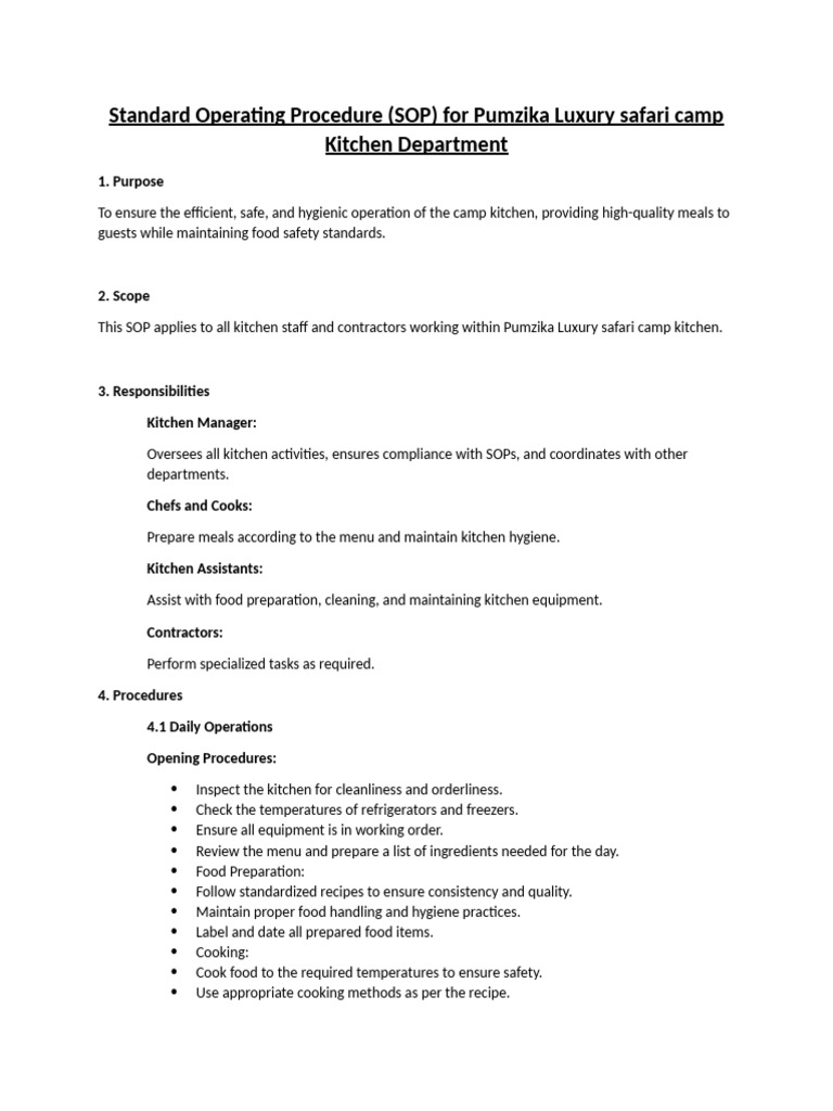 Standard Operating Procedure Kitchen Department | PDF | Kitchen | Hygiene