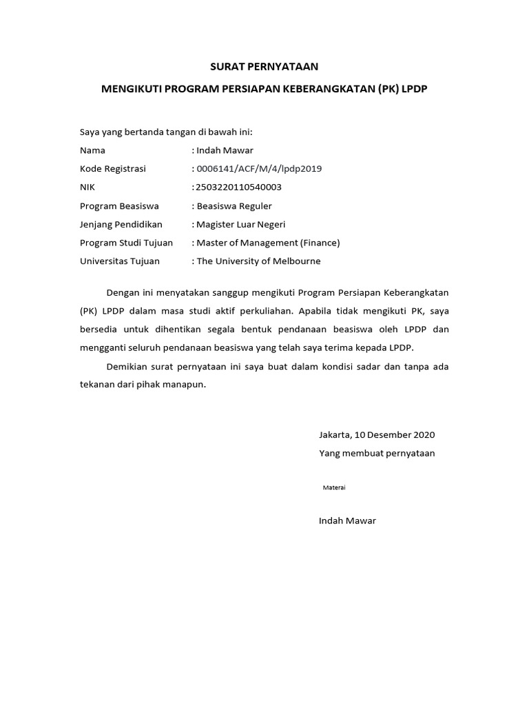 Surat Pernyataan Bersedia Mengikuti PK | PDF
