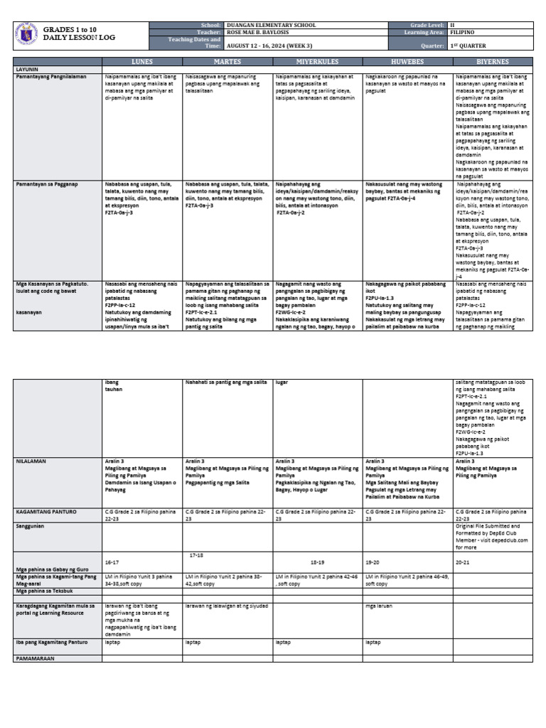 DLL Filipino 2 q1 w3 | PDF