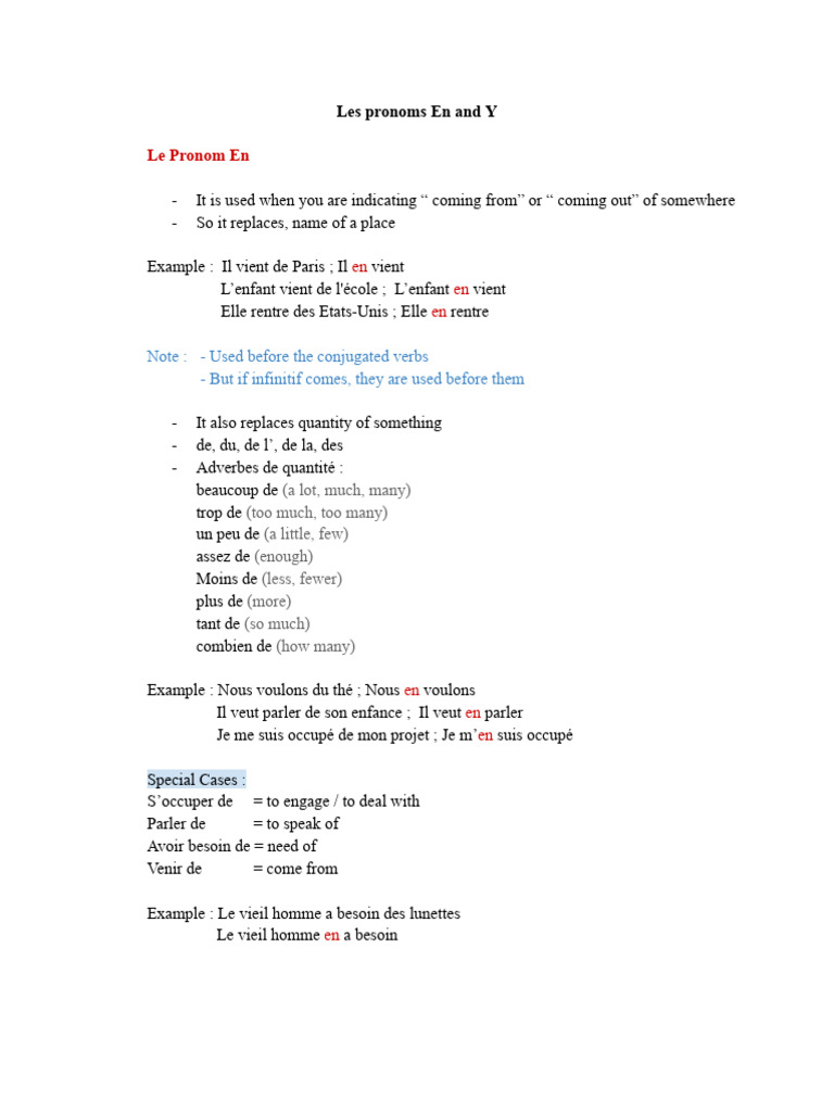 Utilisation des pronoms En et Y en français | PDF | Complément d'objet ...