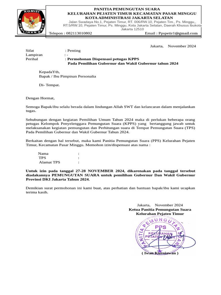 Surat Dispensasi PPS Petir - 27 Nov 2024 | PDF