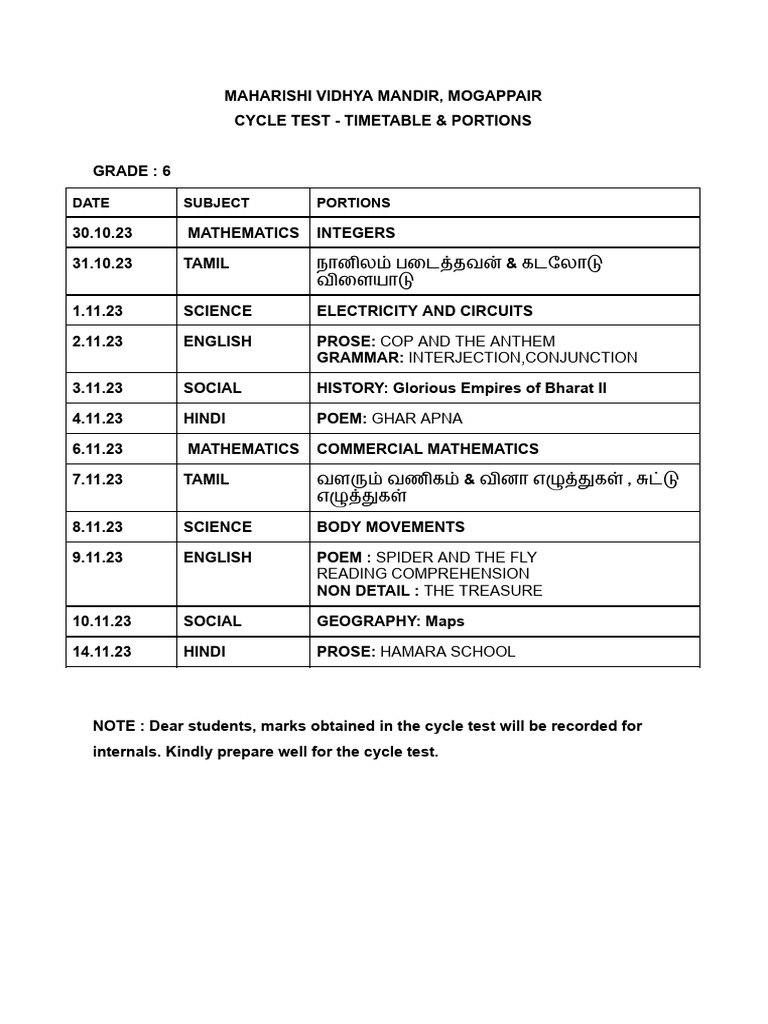 Cycle Test Timetable for Grades 6-8 | PDF | Linguistics | Languages