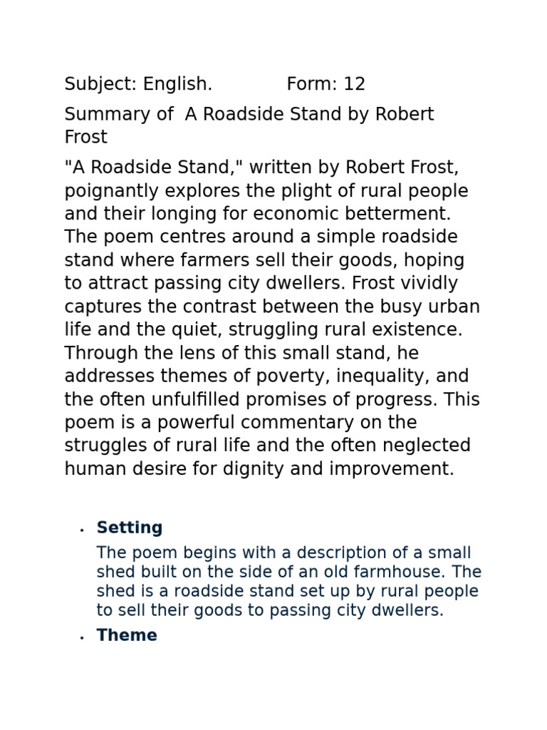 Flamingo Poem - A Roadside Stand by Robert Frost | PDF