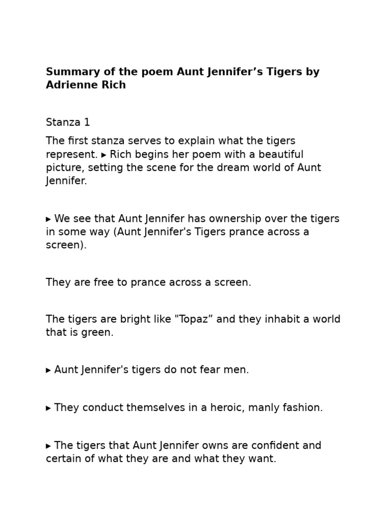 Aunt Jennifer's Tigers by Adrienne Rich | PDF