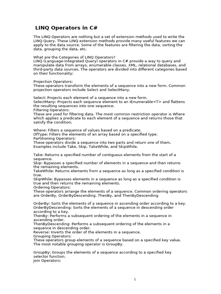 LINQ Operators in C# | PDF | Language Integrated Query | Computer Science