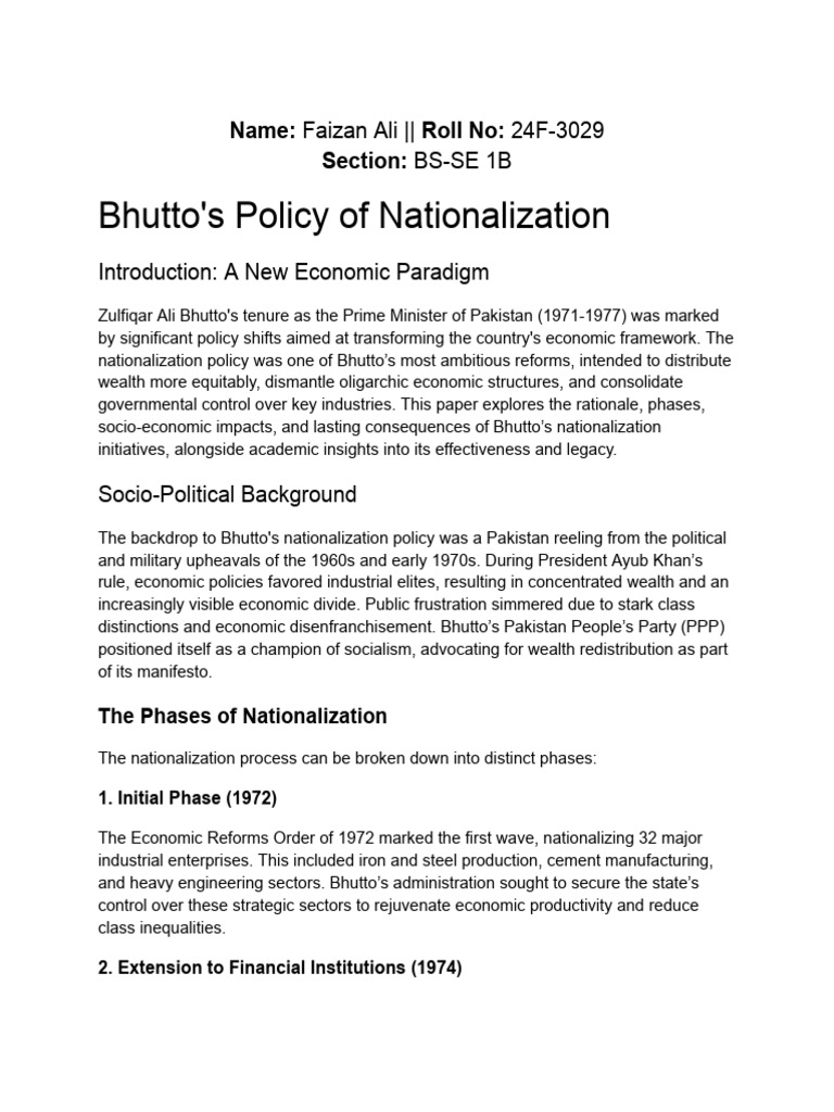 Ideology Assigment - Bhutto's Policy of Nationalization - Faizan Ali ...