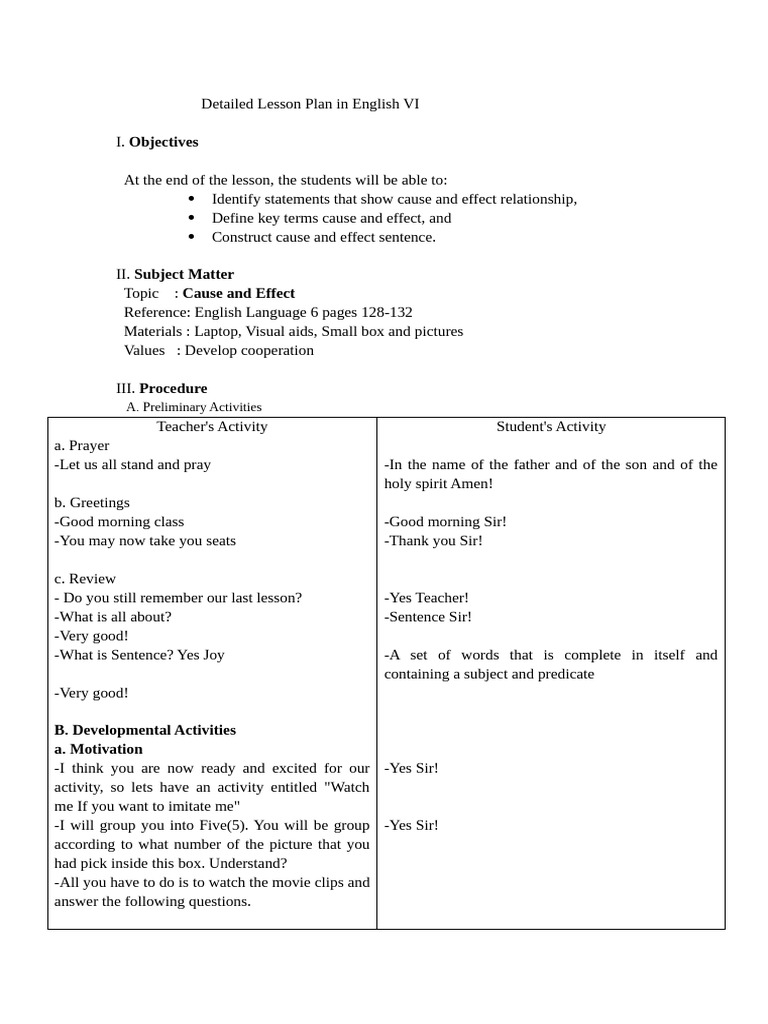 Cause and Effect Lesson Plan for Grade 6 | PDF | Lesson Plan | Causality
