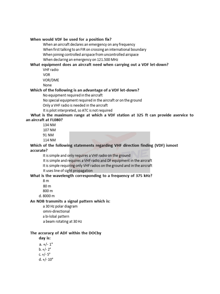 VDF and ADF Navigation Quiz Questions | PDF | Radar | Electronics