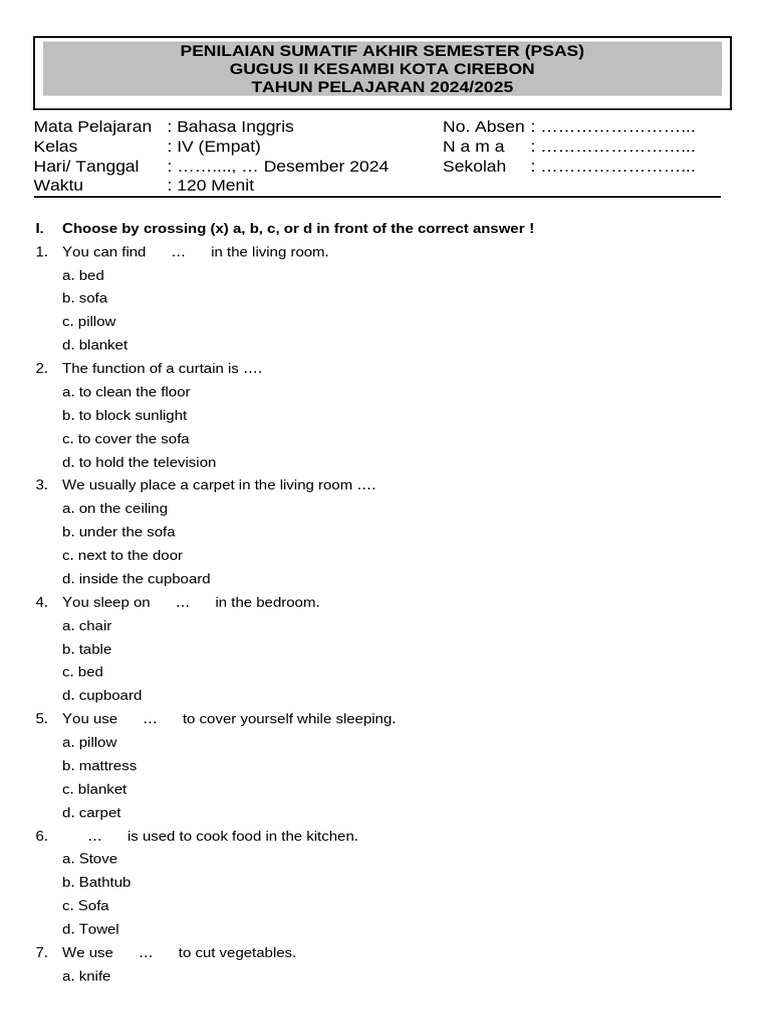 Soal PSAS Bahasa Inggris K IV S 2 2425 | PDF | Bathroom | Room