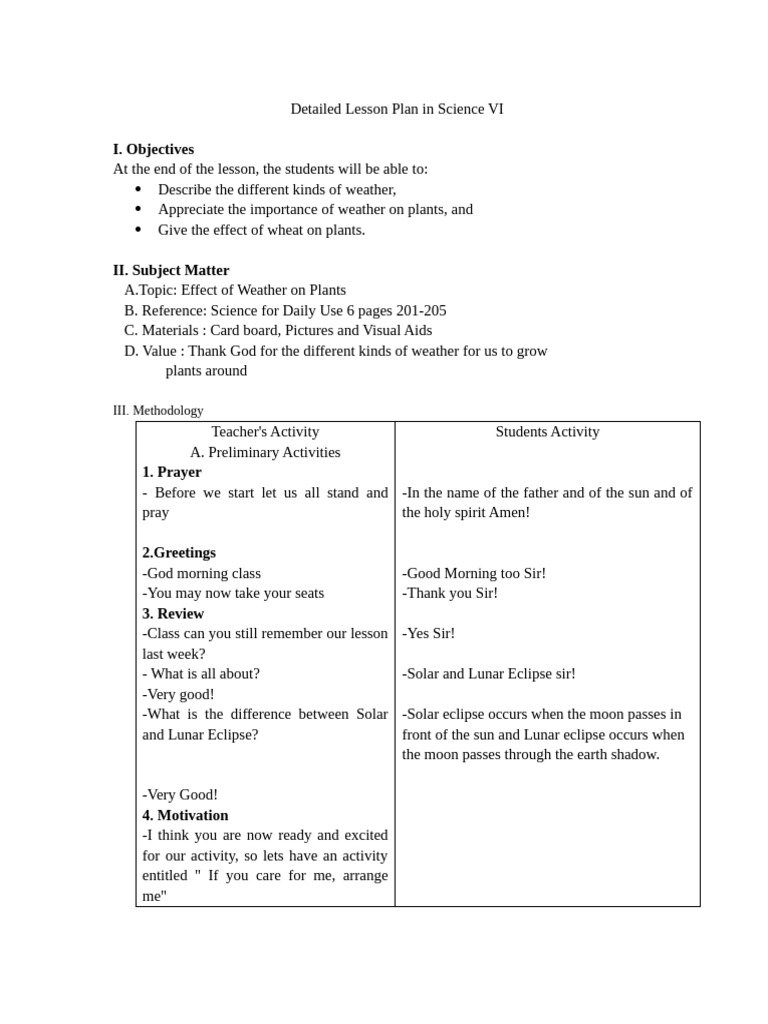 Lesson Plan in Science VI-Effect of Weather On Plants | PDF | Eclipse ...