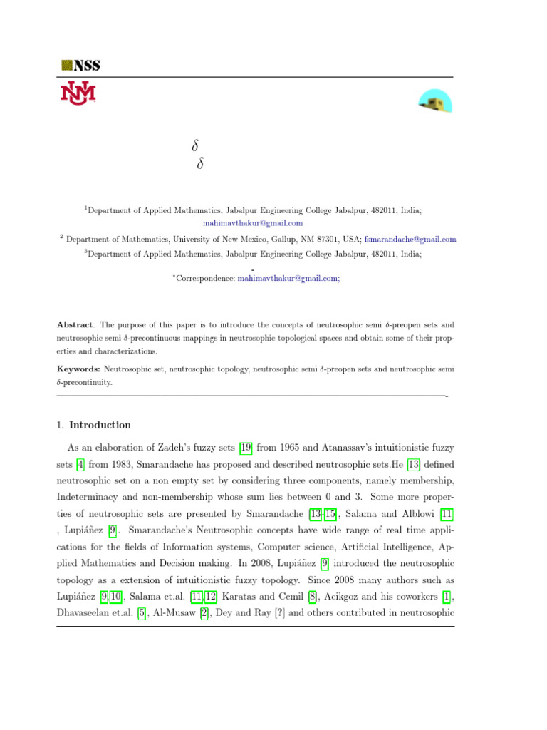 Neutrosophic semi δ-preopen sets and neutrosophic semi δ-pre continuity | PDF | Continuous ...