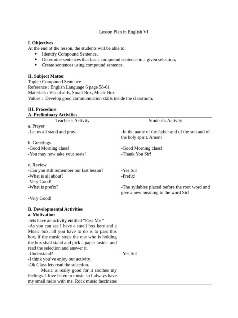 Lesson Plan in English VI - Compund Sentence | PDF | Lesson Plan ...