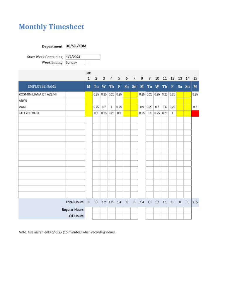 Monthly Employee Timesheet 2024 | PDF