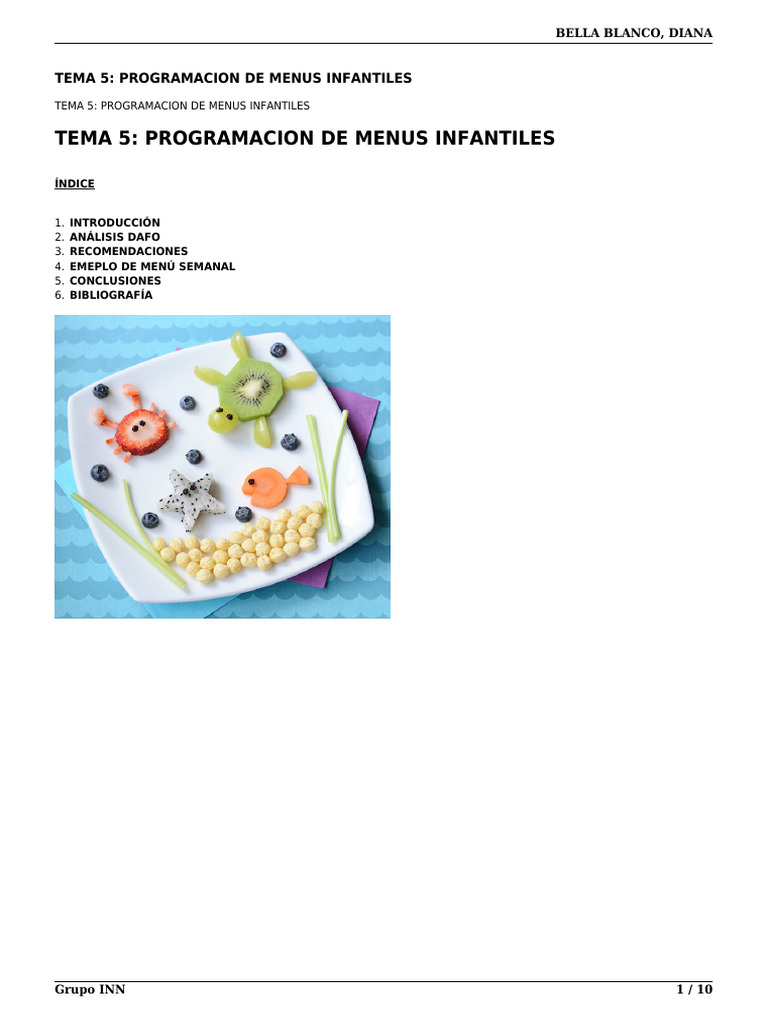 Tema 5 Programacion de Menus Infantiles | PDF | Alimentos | Productos lácteos