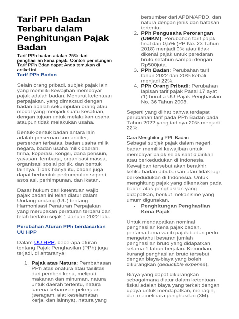 Tarif PPH Badan Terbaru Dalam Penghitungan Pajak Badan | PDF