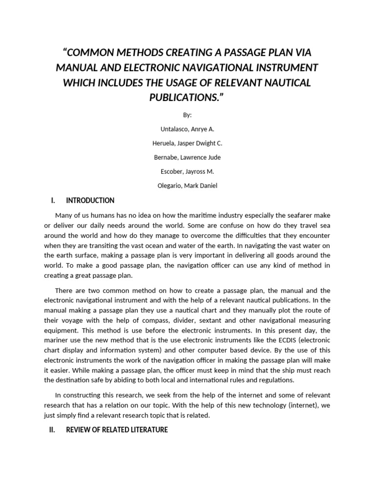 Common Methods Creating A Passage Plan Via Manual and Electronic Navigational Instrument Which ...