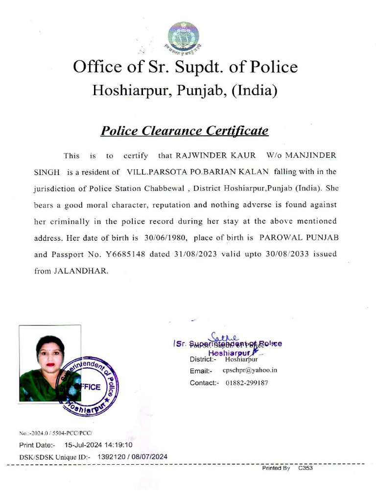 Rajwinder Kaur Passport & PCC | PDF