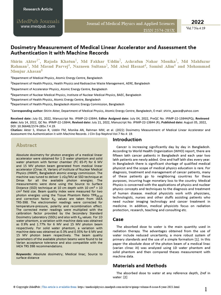 Dosimetry Measuremet of Medical Linear Accelerator and Assessment ...