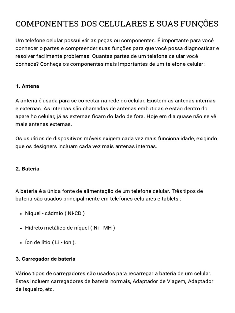 Componentes Dos Celulares e Suas Funções | PDF | Celulares ...