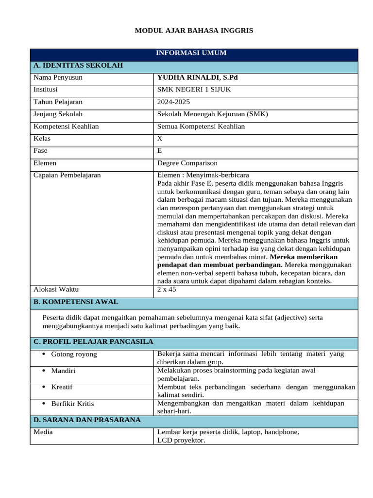Modul Ajar Degree Comparison | PDF