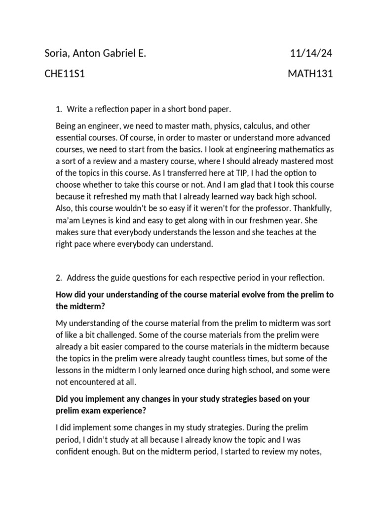 Engineering Math Reflection and Insights | PDF | Mathematics