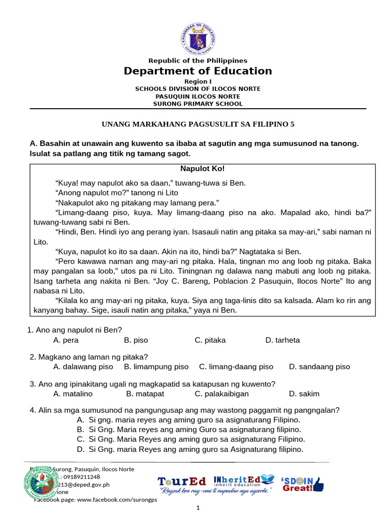 FILIPINO 5 Unang Markahan FINAL | PDF