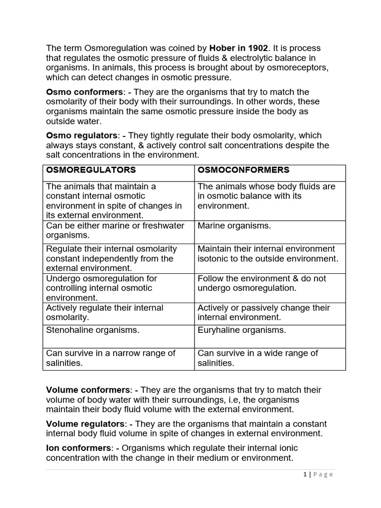 Osmoregulation: Regulators vs. Conformers | PDF | Applied And ...