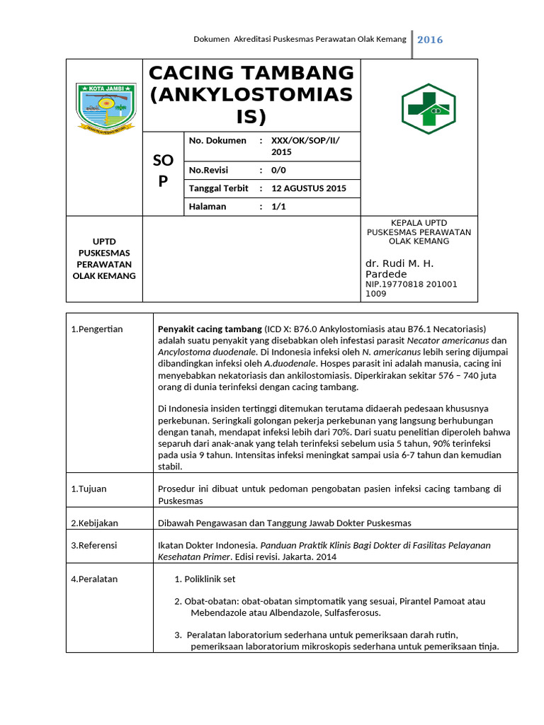 SOP INFEKSI CACING TAMBANG Riv | PDF