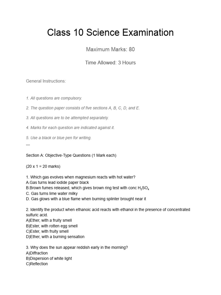 Class 10 Science Exam Question Paper | PDF | Functional Group ...